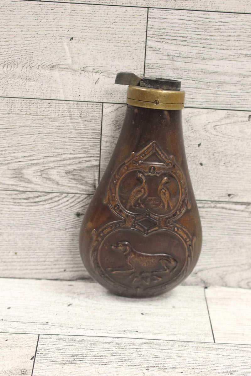 Vintage Copper & Brass Black Powder Flask -Embossed Hunting Dog & Phea ...