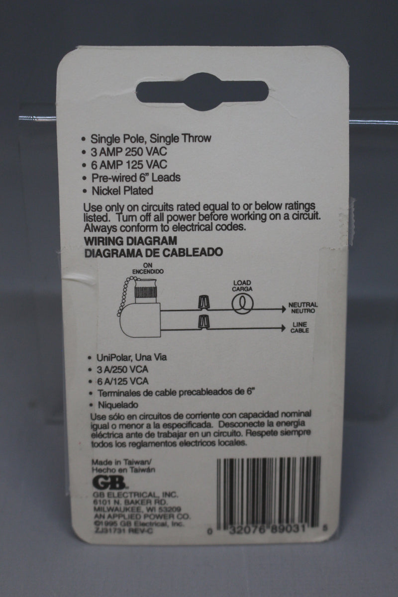 GB Pre-Wired Pull Chain On Off Switch - Single Pole - GSW-31 - New ...