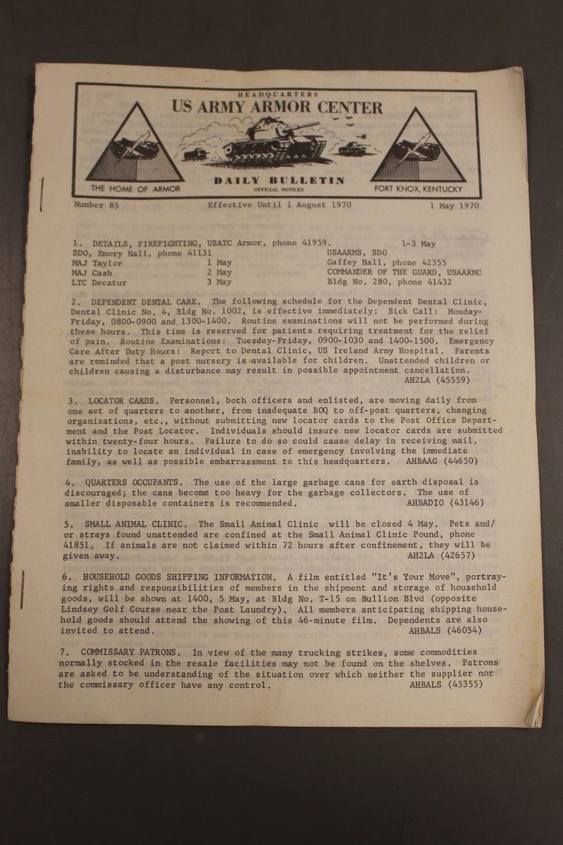 US Army Armor Center Daily Bulletin Official Notices, Year: 1970 ...