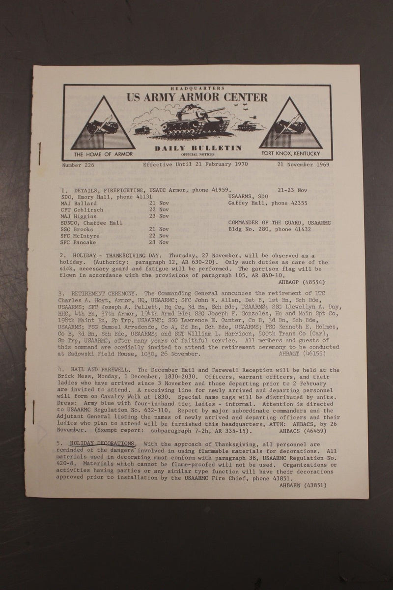 US Army Armor Center Daily Bulletin Official Notices, Year: 1969 ...